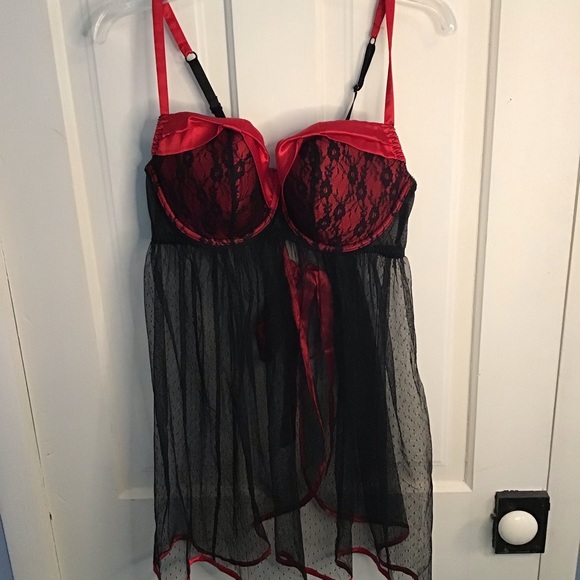 Cacique | Intimates & Sleepwear | Cacique Black Mesh Nighty Red Bra ...